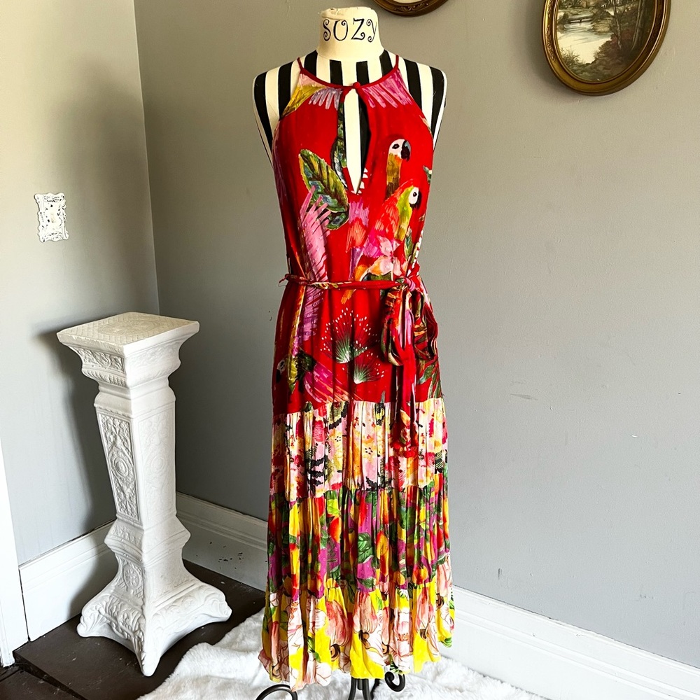 Farm Rio Parrot Tiered Maxi Dress Small - Gem